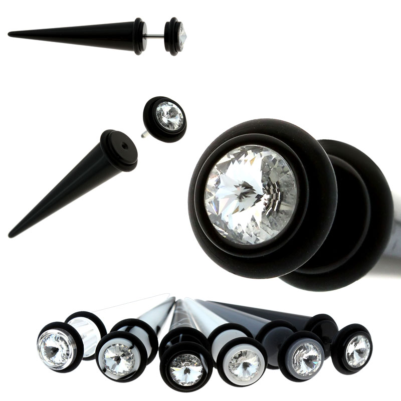 ACRYLIC FAKE TAPER W/ UV NEON BLACK & WHITE TONE CLEAR GEM