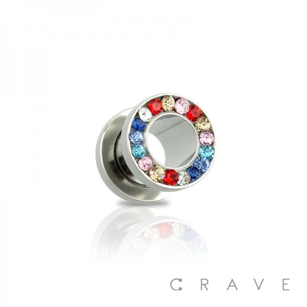 316L SURGICAL STEEL MULTI COLOR GEMMED RIM SCREW FIT PLUG