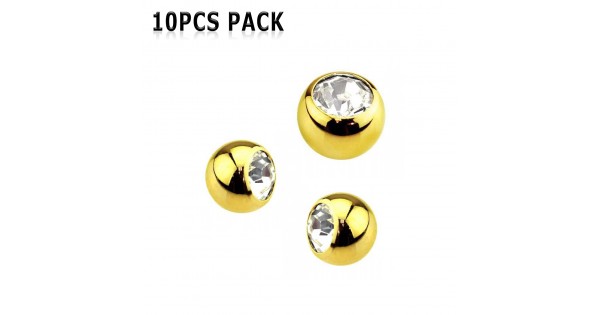 10PCS OF GOLD PLATED OVER 316L SURGICAL STEEL CLEAR GEM THREADED BALLS ...