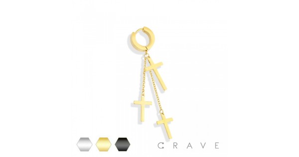 PAIR OF 316L STAINLESS STEEL CHAINED TRIPLE CROSS WITH FLAT HUGGIE/HOOP ...