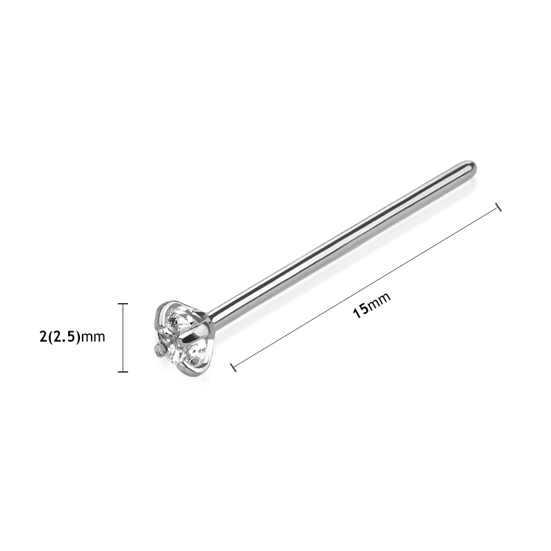 316L SURGICAL STEEL NOSE 15MM STRAIGHT FISHTAIL PIN WITH PRONG SET GEM