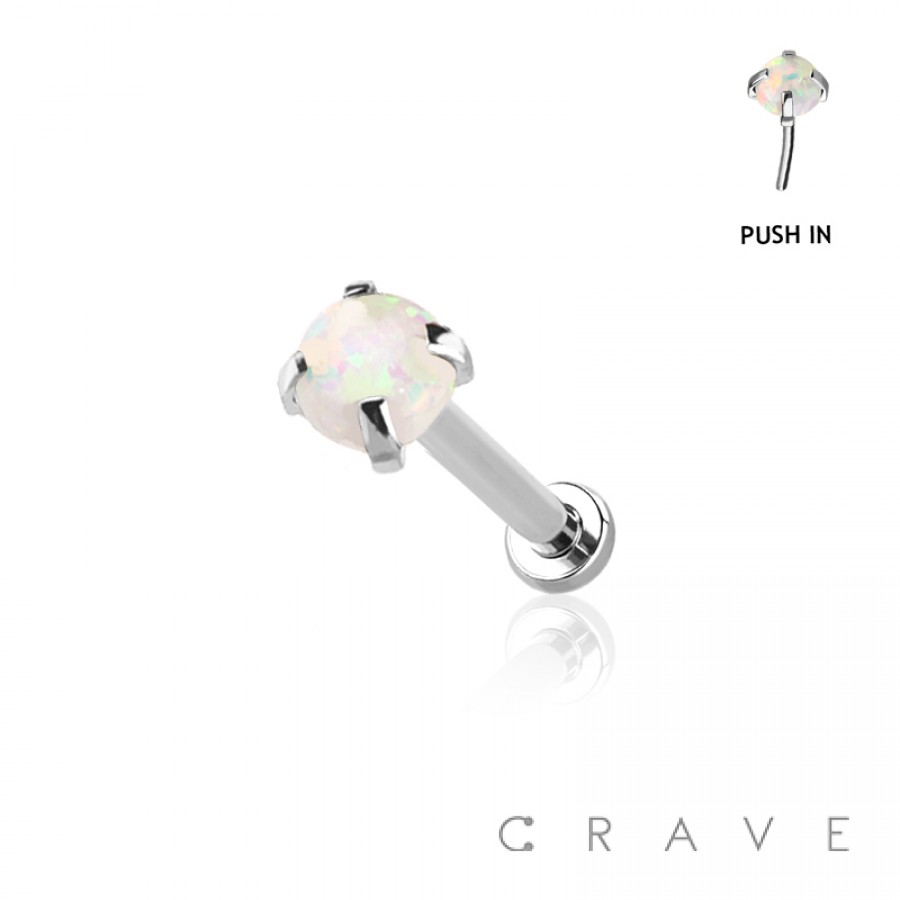 OPAL PRONG SET TOP PUSH-IN THREADLESS 316L SURGICAL STEEL LABRET/MONROE