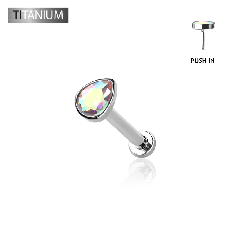 IMPLANT GRADE TITANIUM THREADLESS PUSH IN BEZEL SET TEARDROP CZ TOP LABRET
