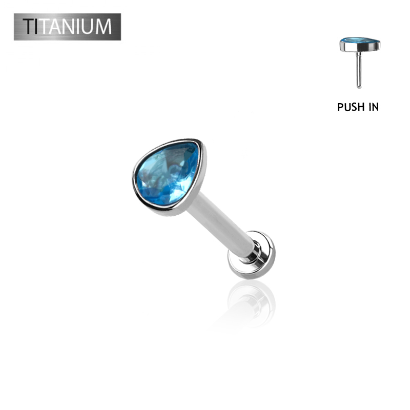 IMPLANT GRADE TITANIUM THREADLESS PUSH IN BEZEL SET TEARDROP CZ TOP LABRET