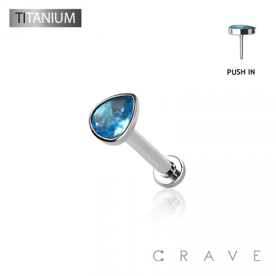 IMPLANT GRADE TITANIUM THREADLESS PUSH IN BEZEL SET TEARDROP CZ TOP LABRET