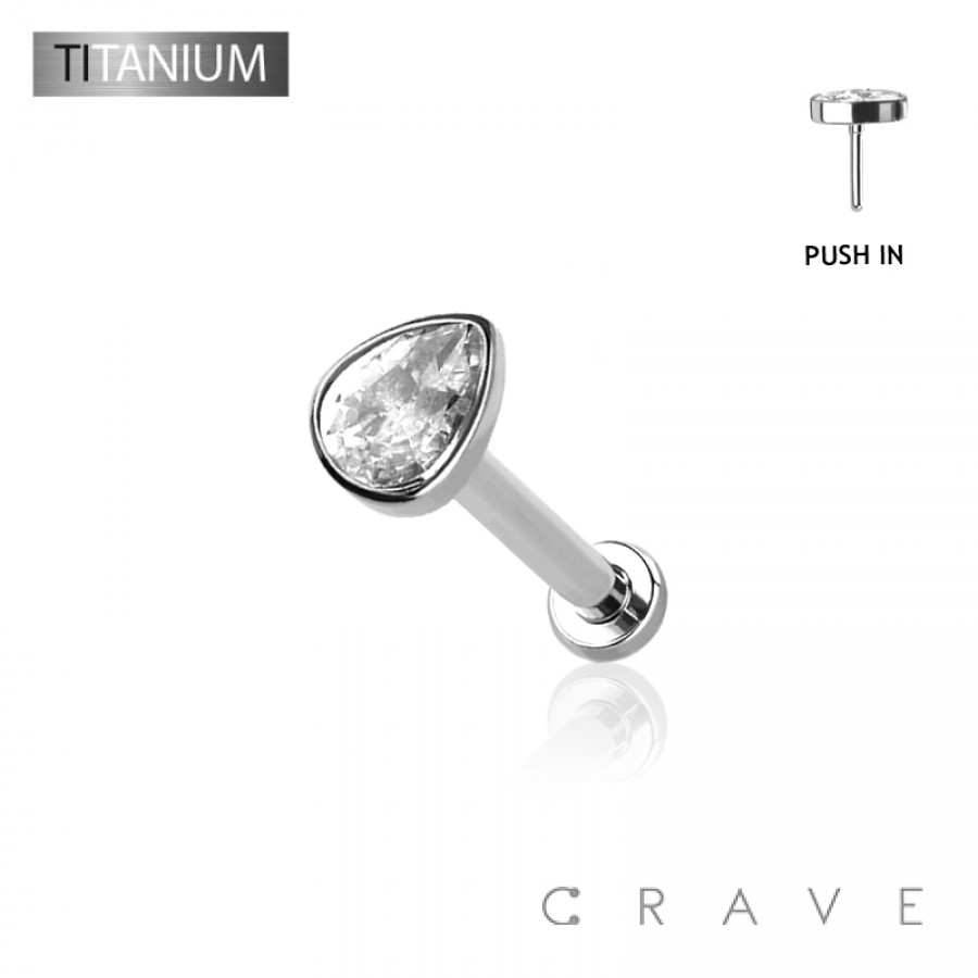 IMPLANT GRADE TITANIUM THREADLESS PUSH IN BEZEL SET TEARDROP CZ TOP LABRET